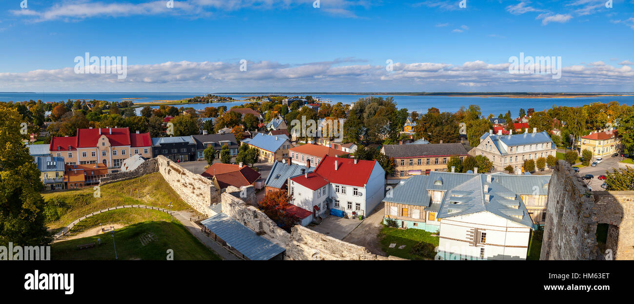 Panoramic view of small town Haapsalu from castle tower, coast of ...