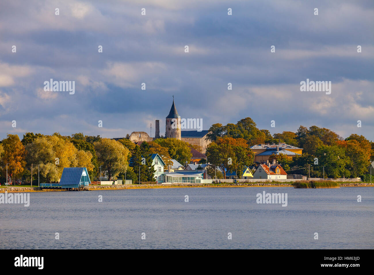 Profile of small town Haapsalu with castle tower, coast of Baltic sea ...