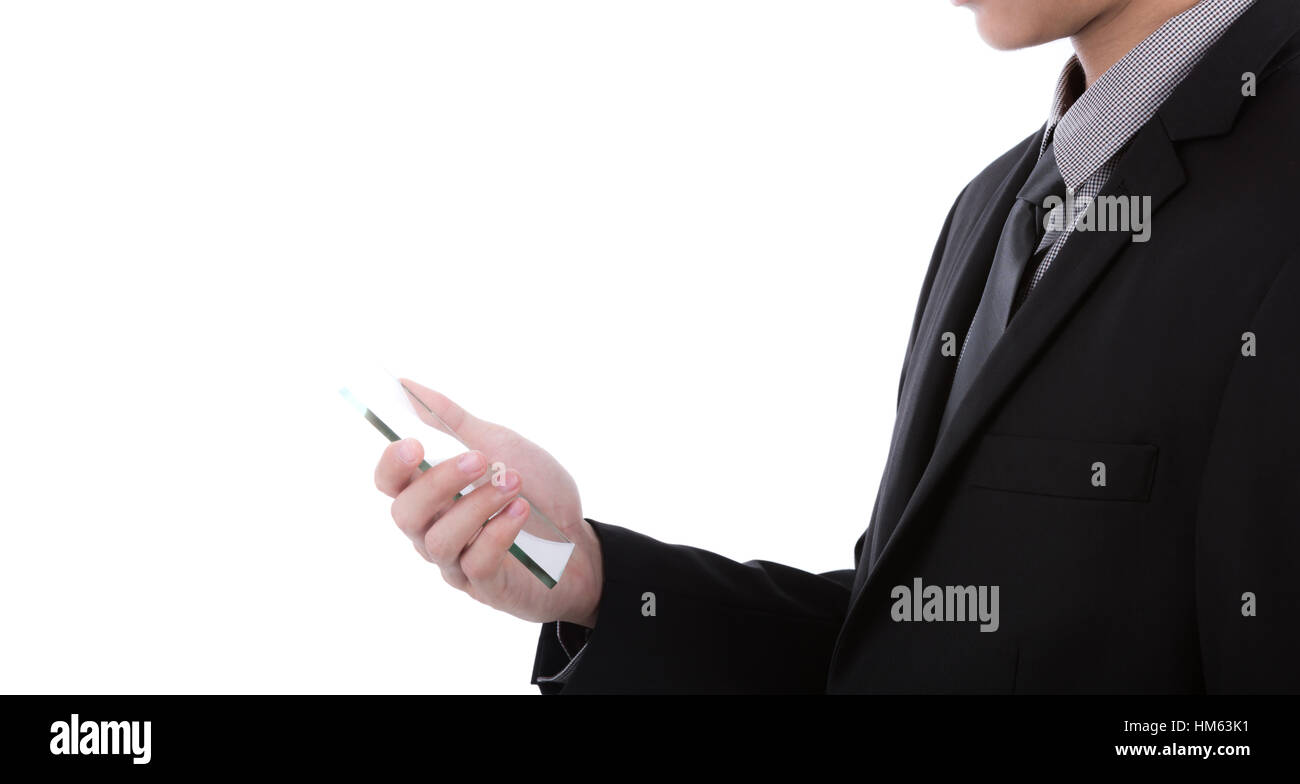 Business man holding transparent mobile, smart phone Stock Photo - Alamy