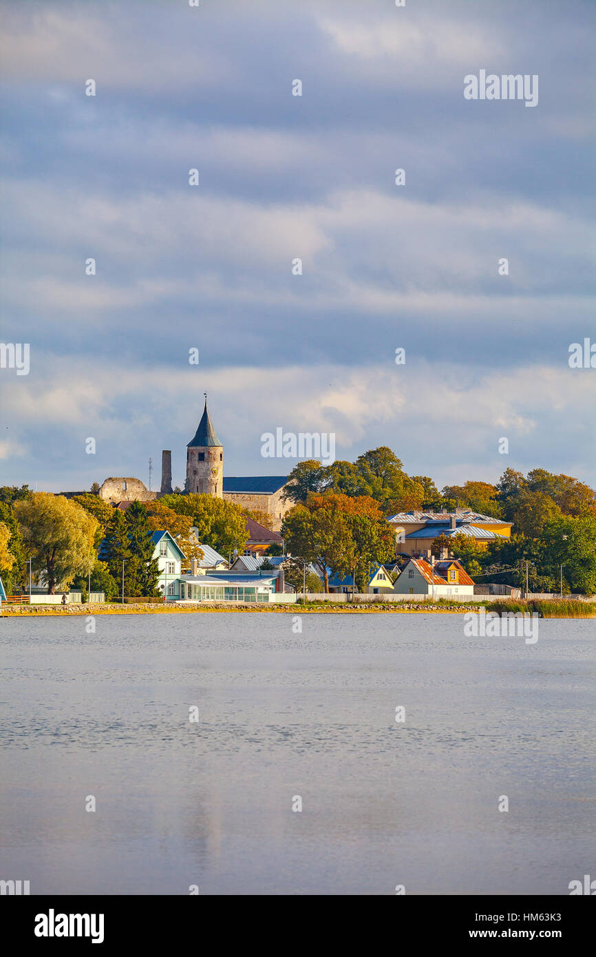 Profile of small town Haapsalu with castle tower, coast of Baltic sea ...