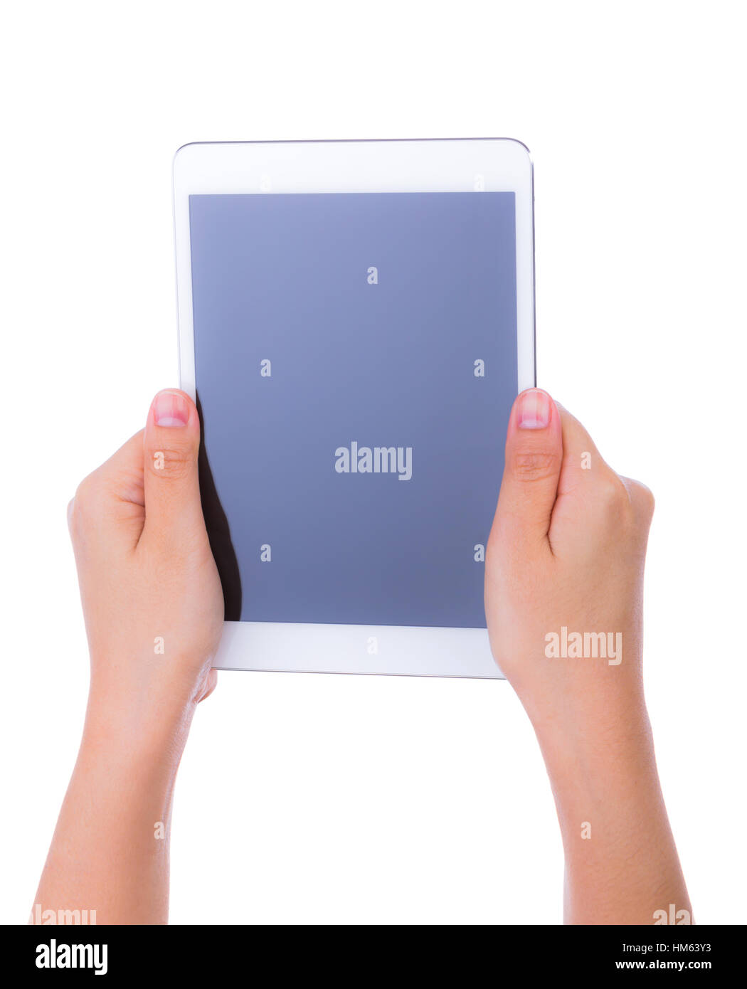 Woman hand using a touch screen device against white background Stock ...