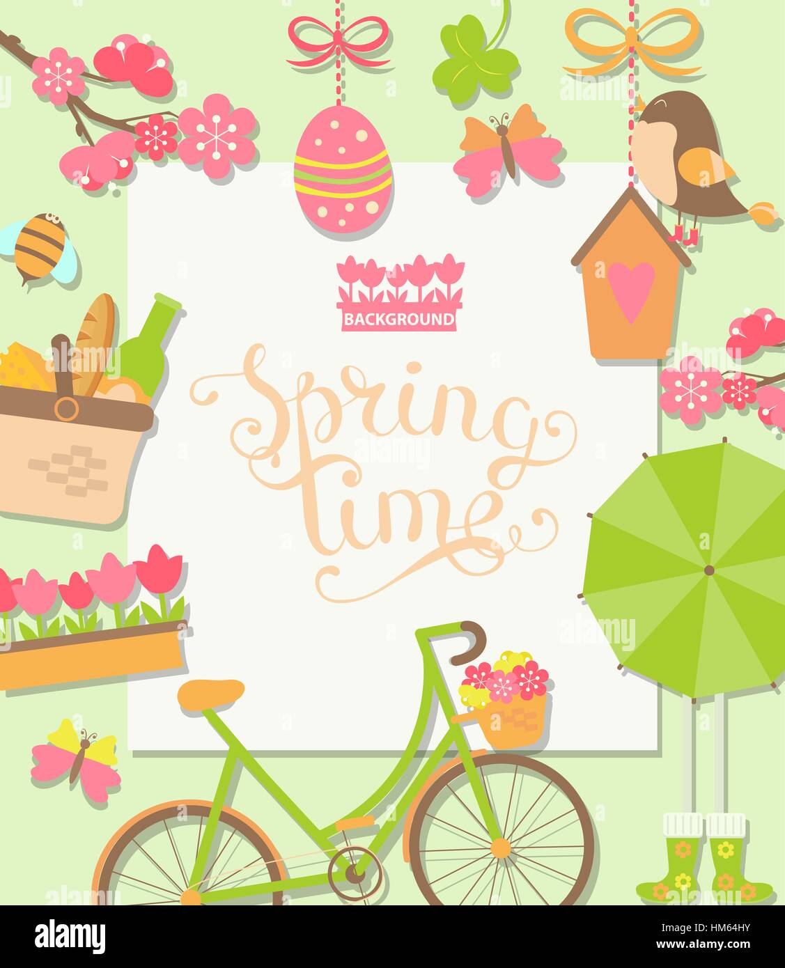 Spring background with cuteicons and frame for text design, vector ...