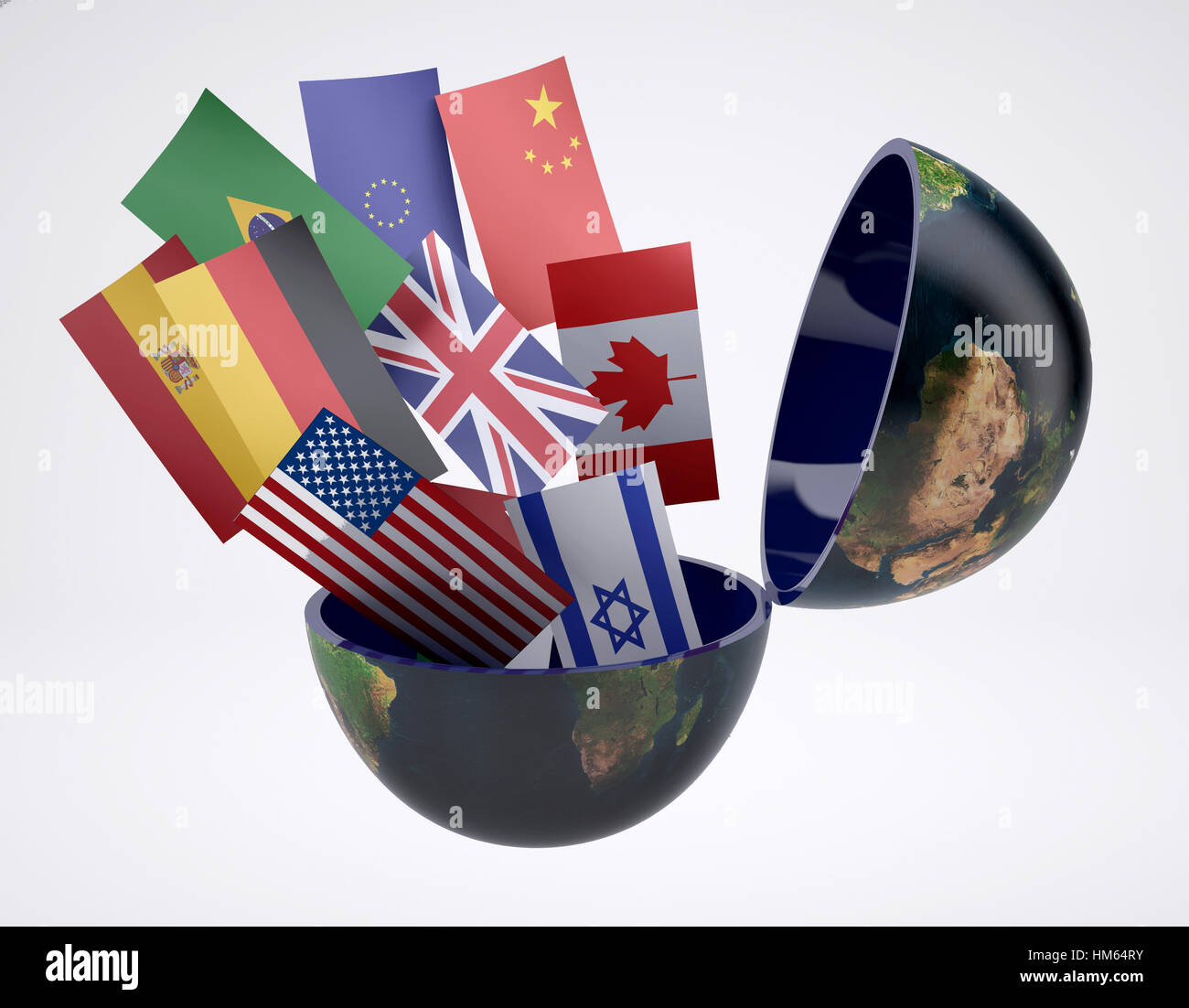 many flags come out of the open earth, 3d illustration Stock Photo - Alamy