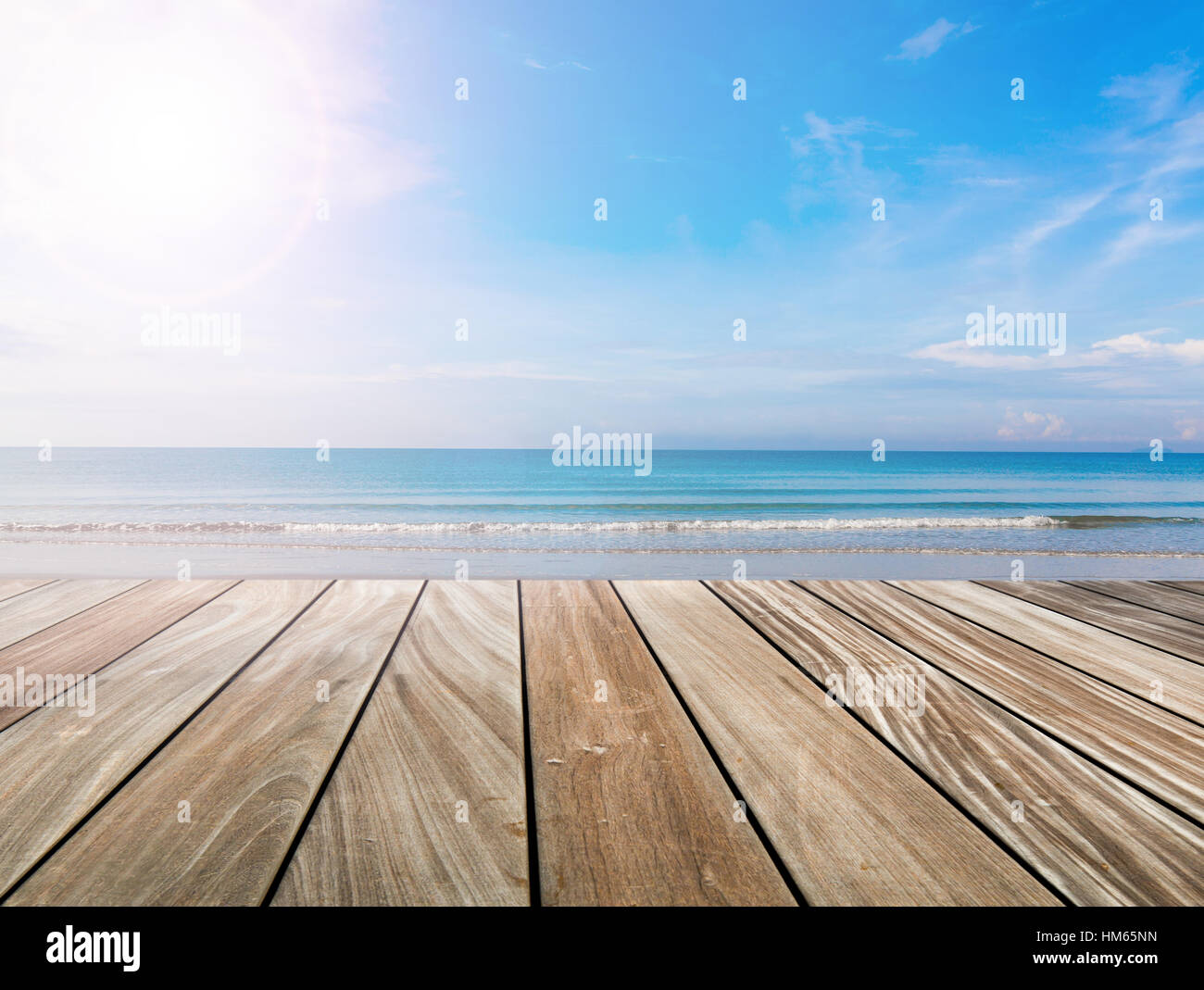 wood terrace on the beach and sun light Stock Photo - Alamy