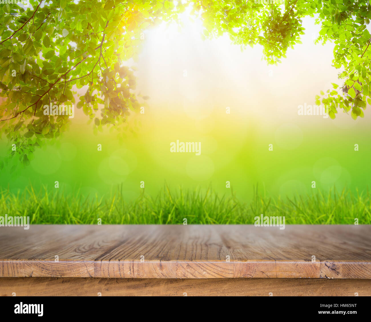 Fresh spring green grass and wood floor with green leaf , Summer time ...