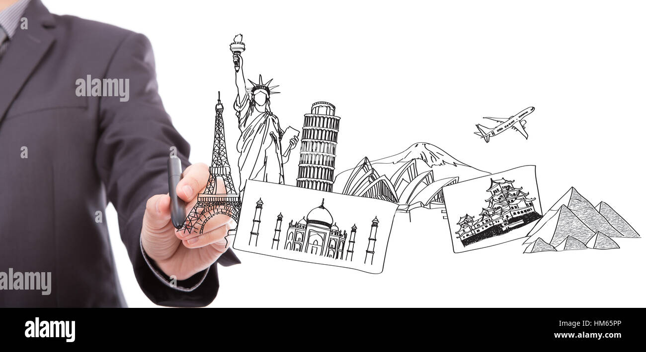 Business man drawing the dream travel around the world Stock Photo - Alamy