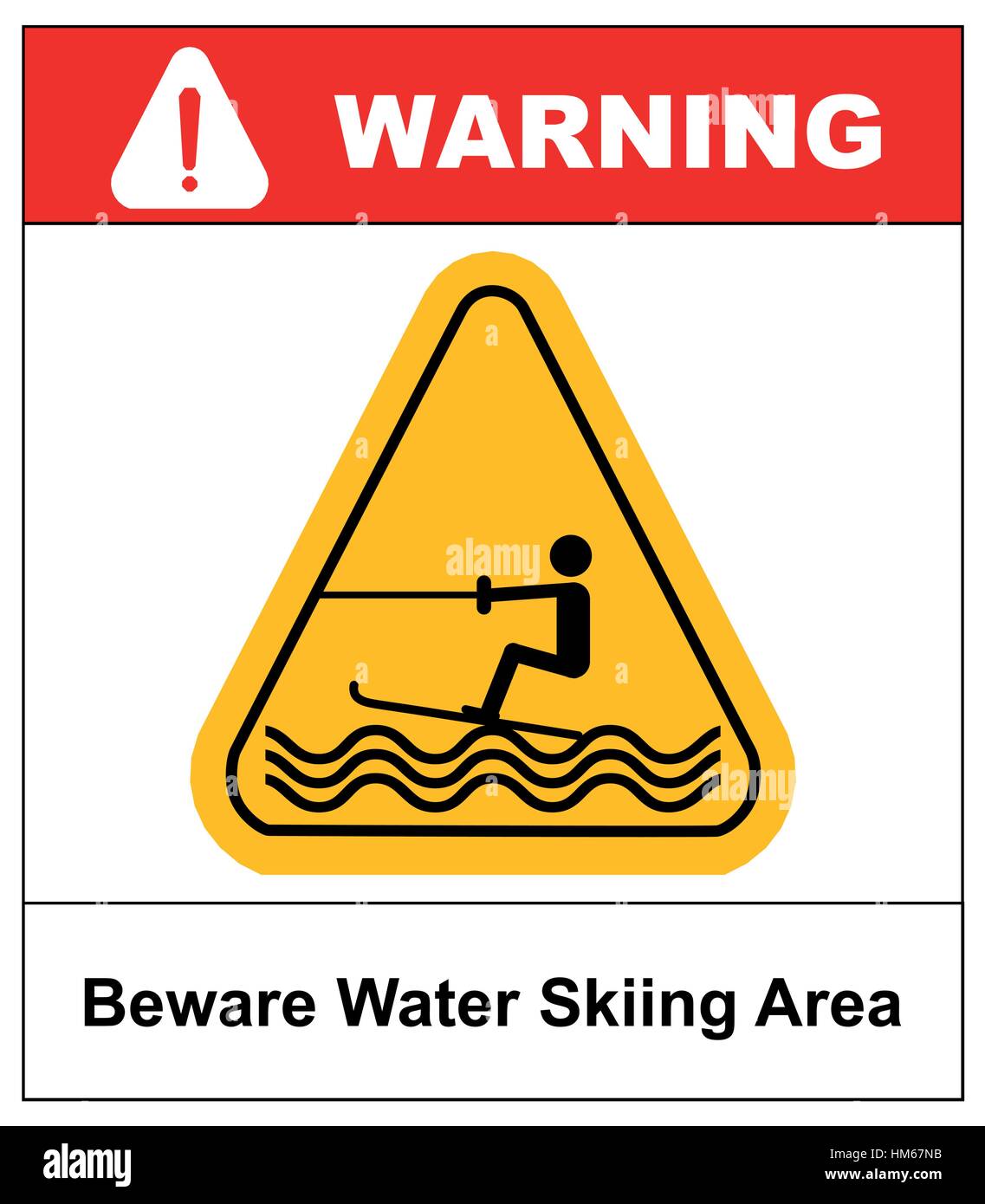 Beware water skiing area. Warning sign in yellow triangle isolated on ...