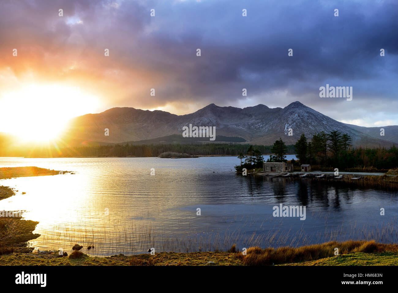 Lough Inagh lake Connemara Inagh Valley boathouse pier west of Ireland ...