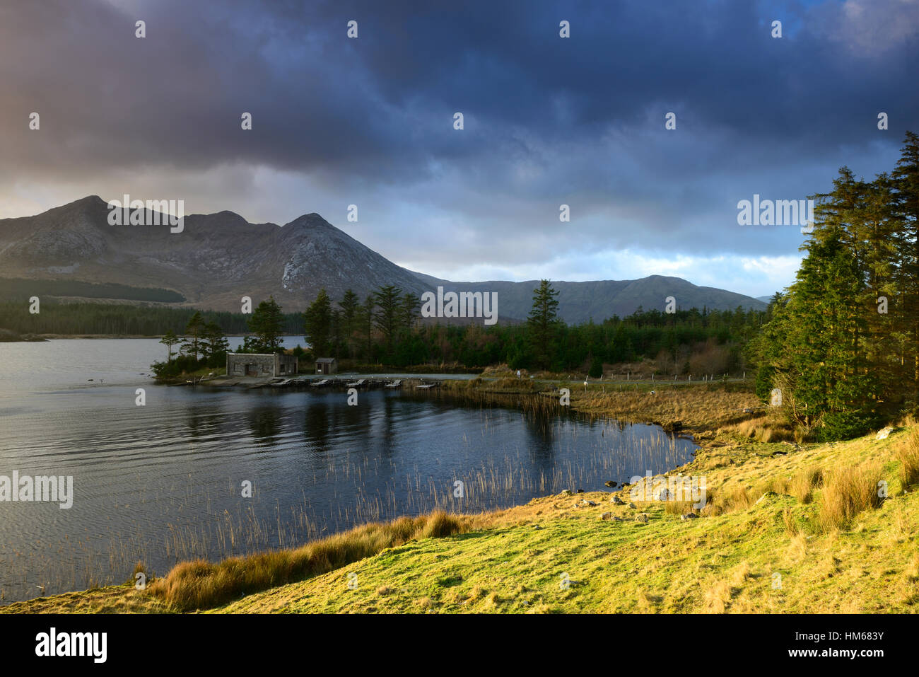 Lough Inagh lake Connemara Inagh Valley boathouse pier west of Ireland ...