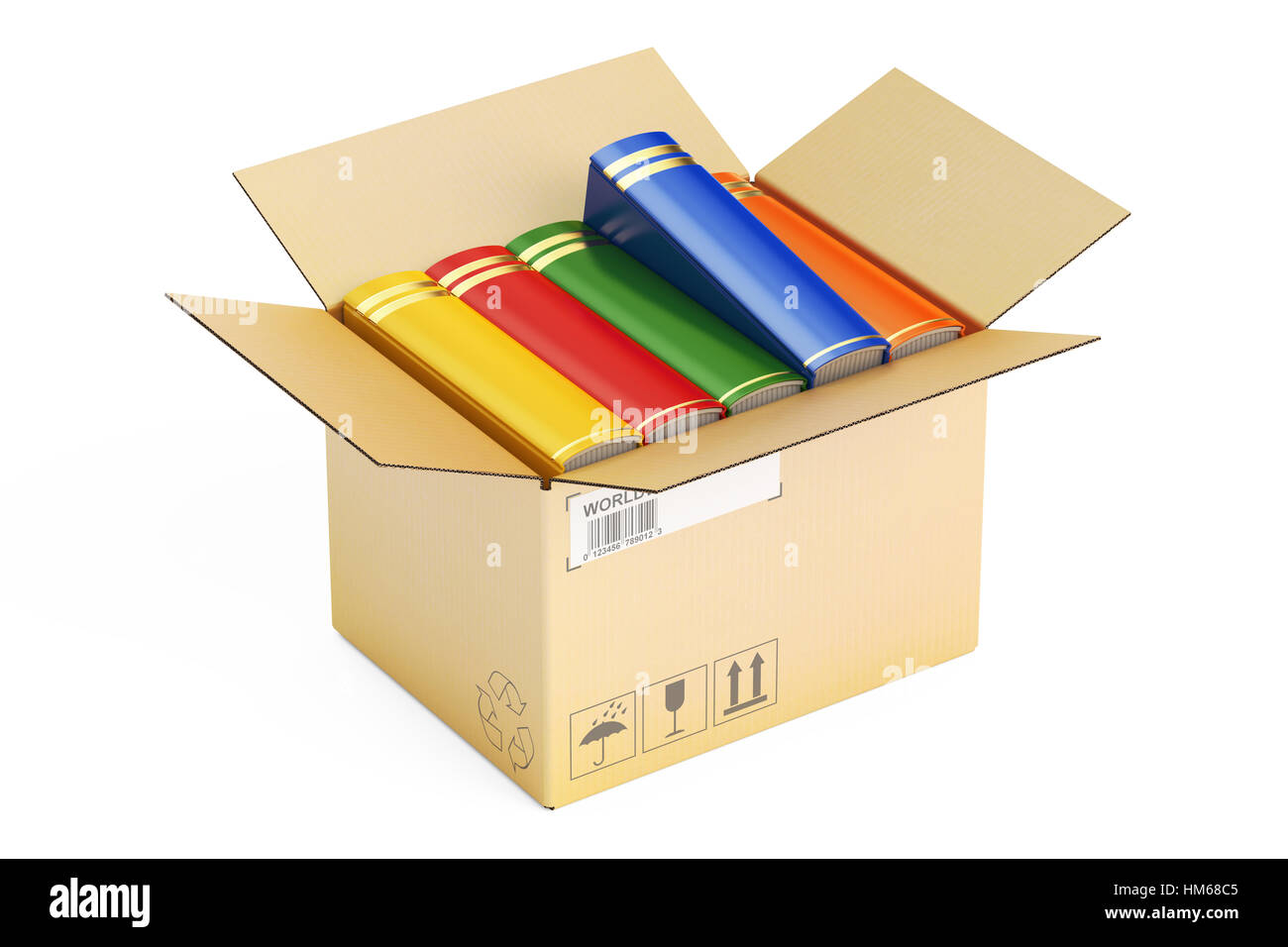Opened cardboard box with books, 3D rendering isolated on white ...