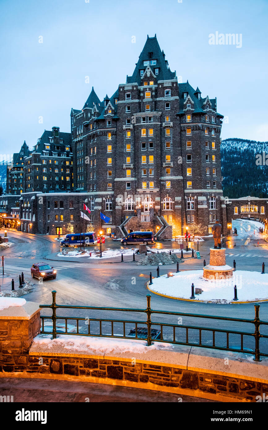 Dusk view of historic Fairmont Banff Springs hotel; c 1888; Banff, Alberta, Canada. "Castle in ...
