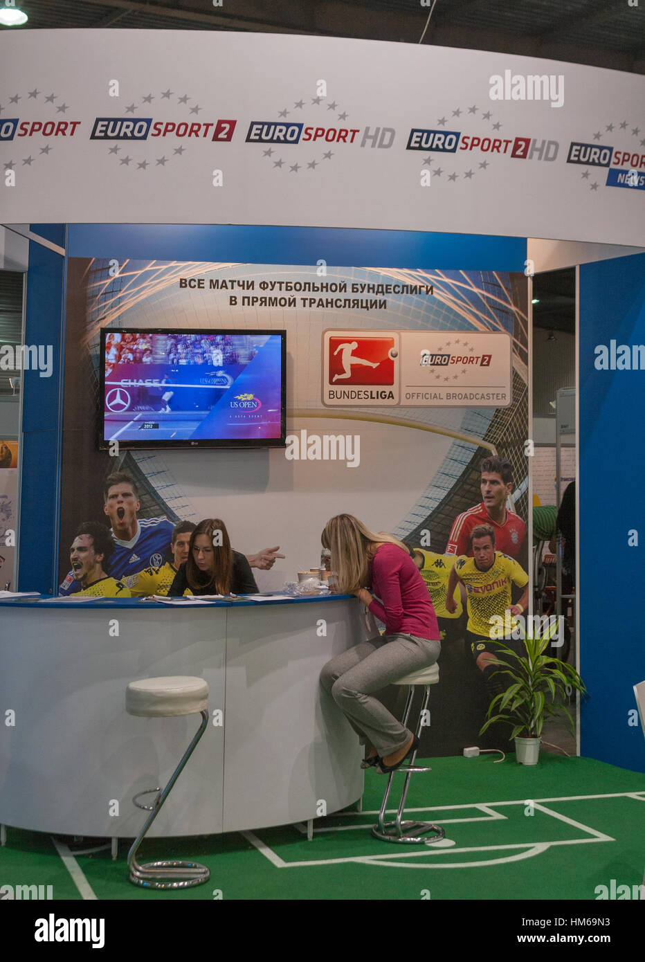 Visitors visit Euro Sport Broadcasting Channel booth at Kyiv ...