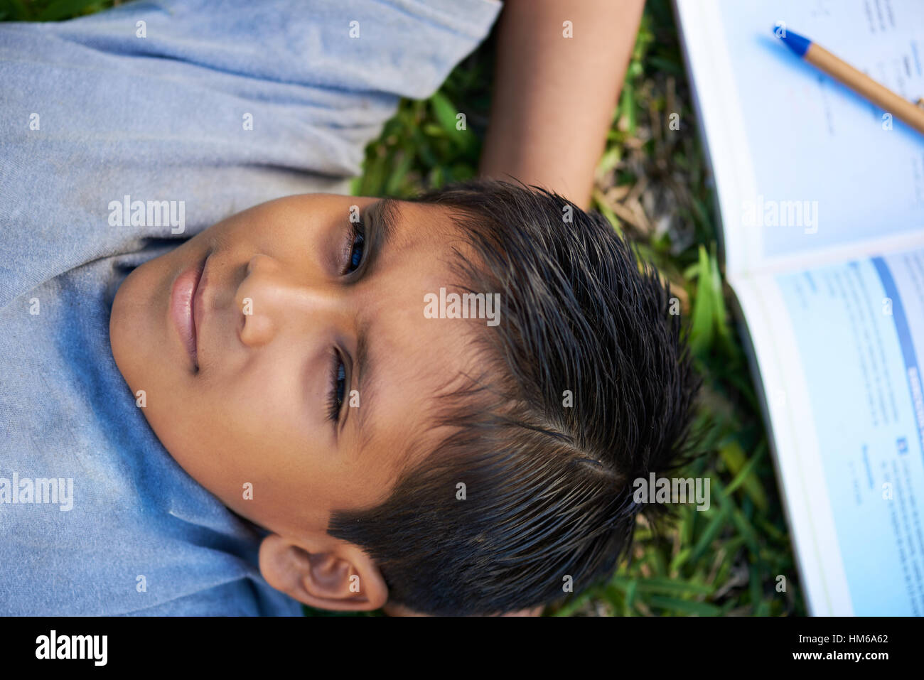 boy lay on grass with open book and pen Stock Photo - Alamy
