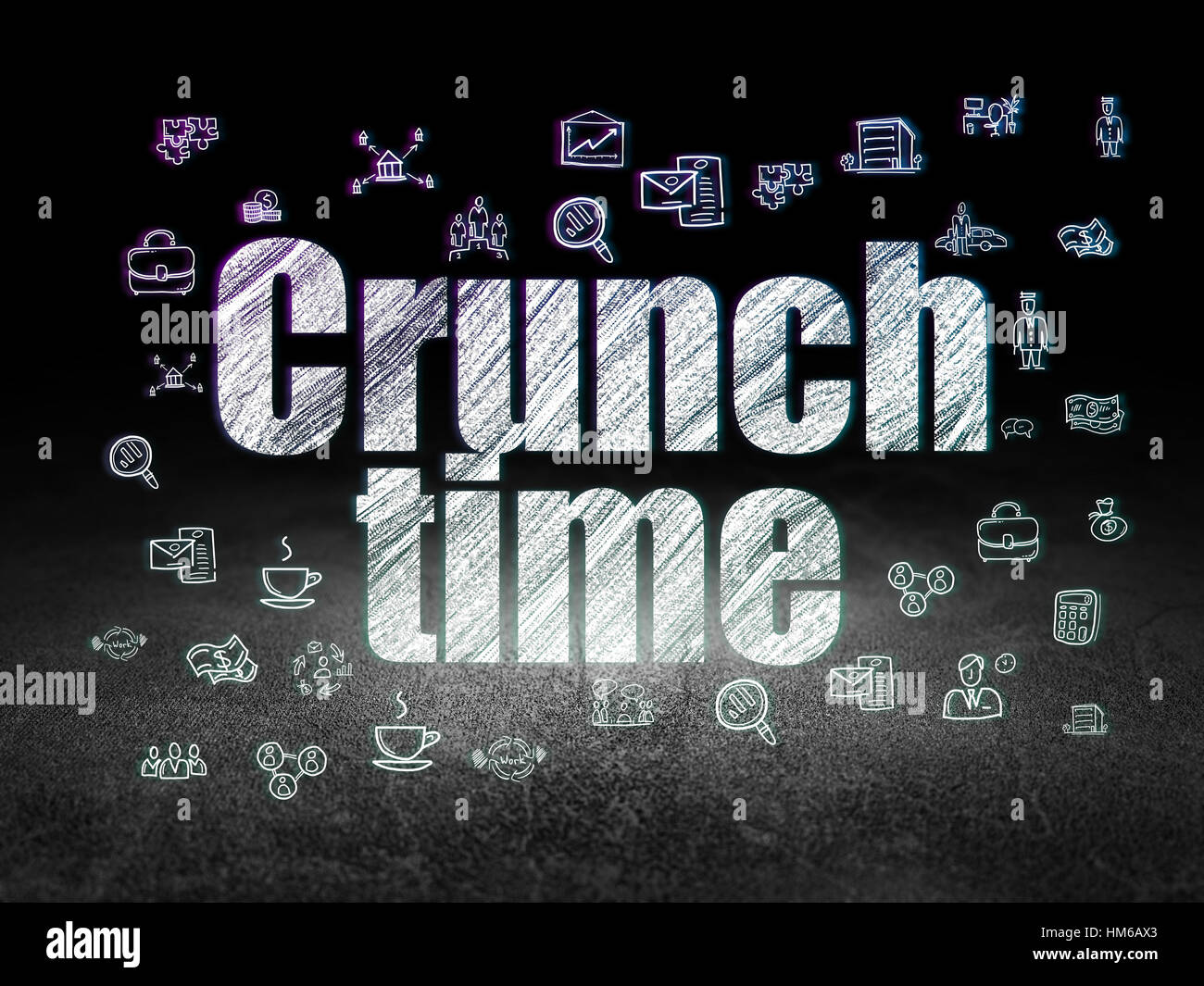 Business concept: Glowing text Crunch Time, Hand Drawn Business Icons ...