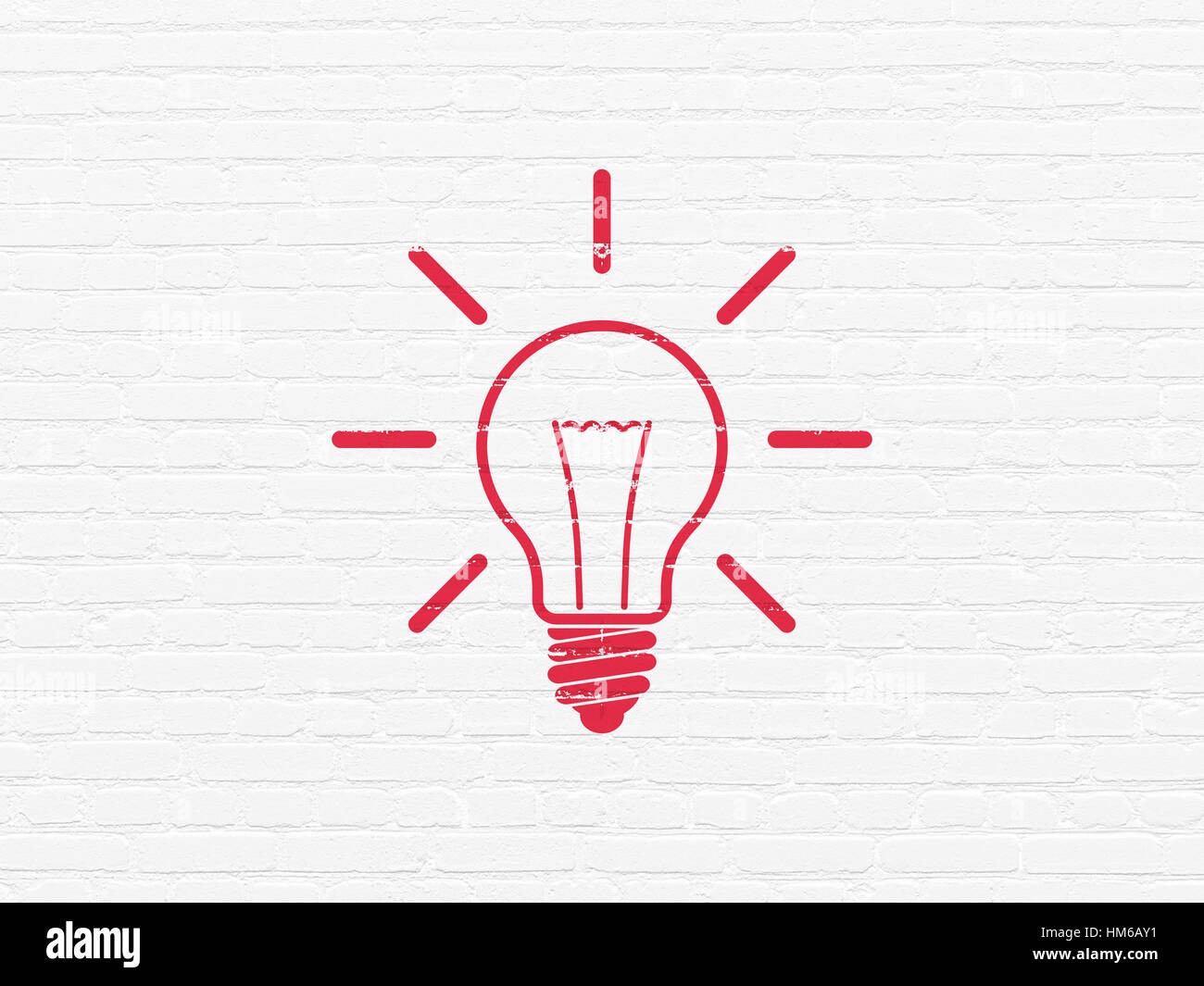 Business concept: Painted red Light Bulb icon on White Brick wall ...