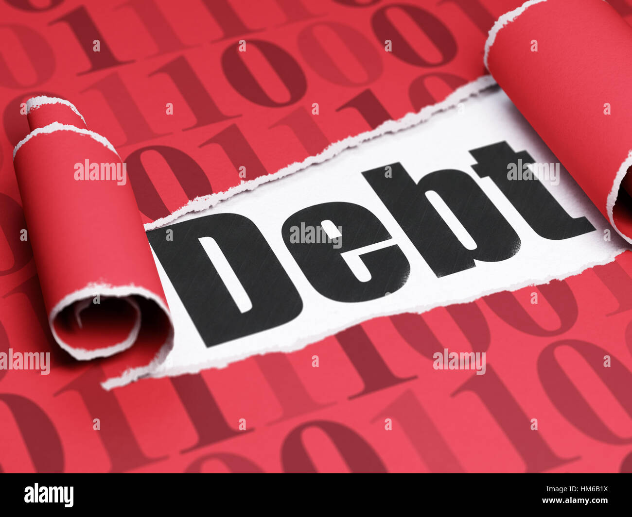 Finance concept: black text Debt under the curled piece of Red torn ...