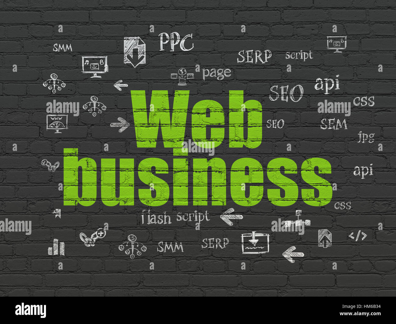 Web development concept: Painted green text Web Business on Black Brick ...