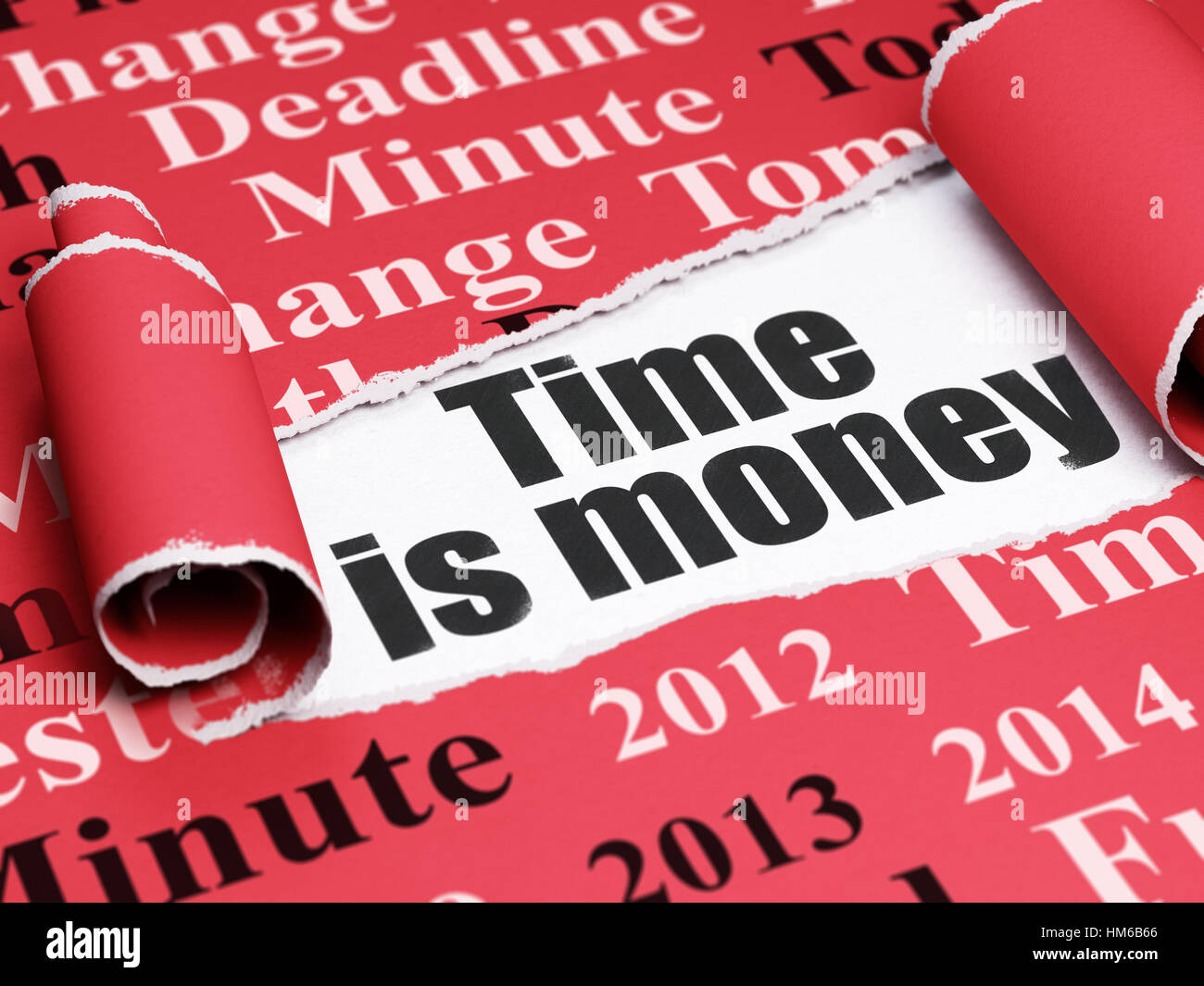 Time concept: black text Time Is money under the curled piece of Red ...