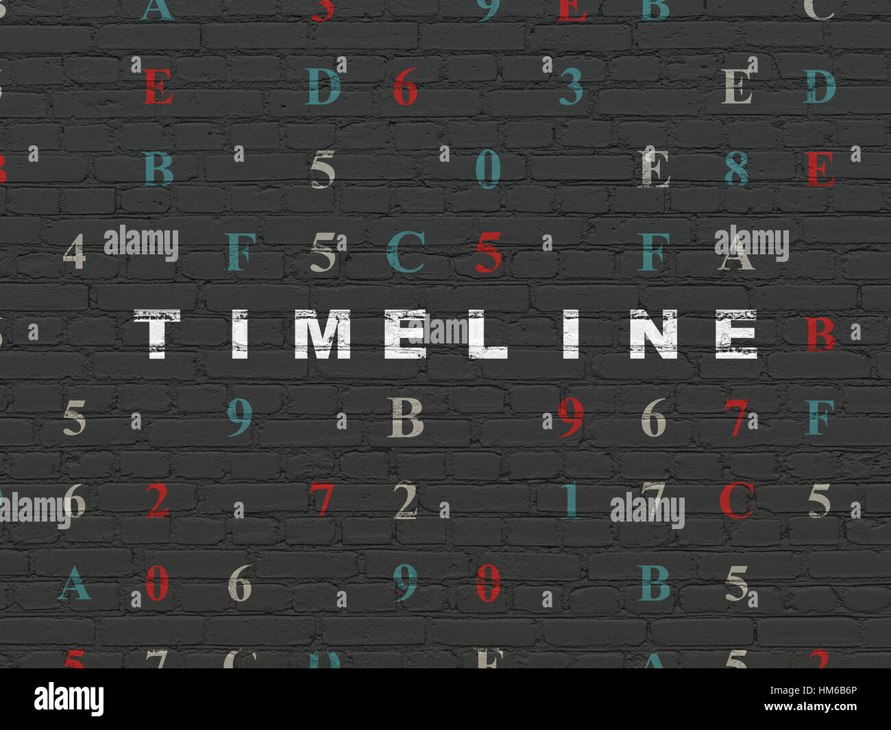 Timeline concept: Painted white text Timeline on Black Brick wall background with Hexadecimal ...
