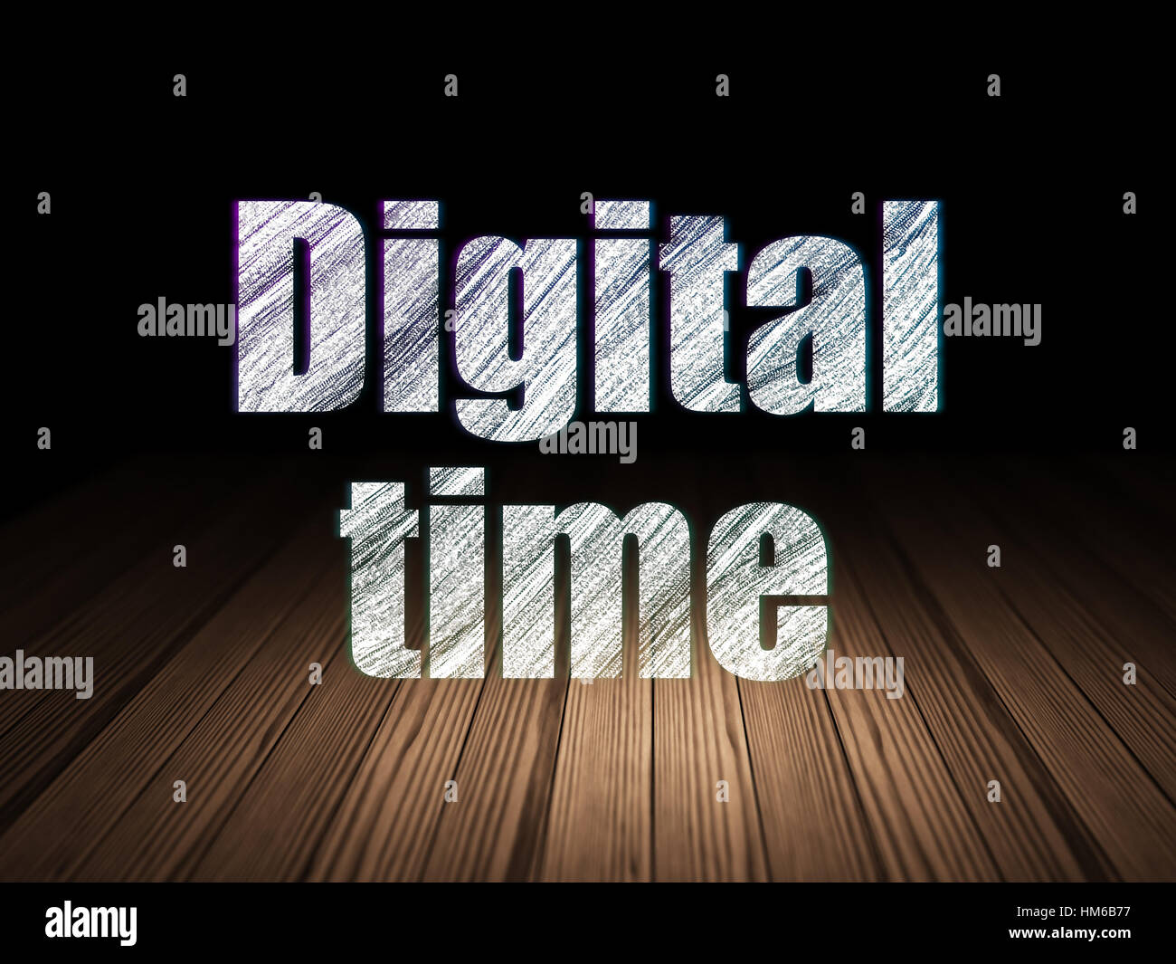 Time concept: Glowing text Digital Time in grunge dark room with Wooden ...