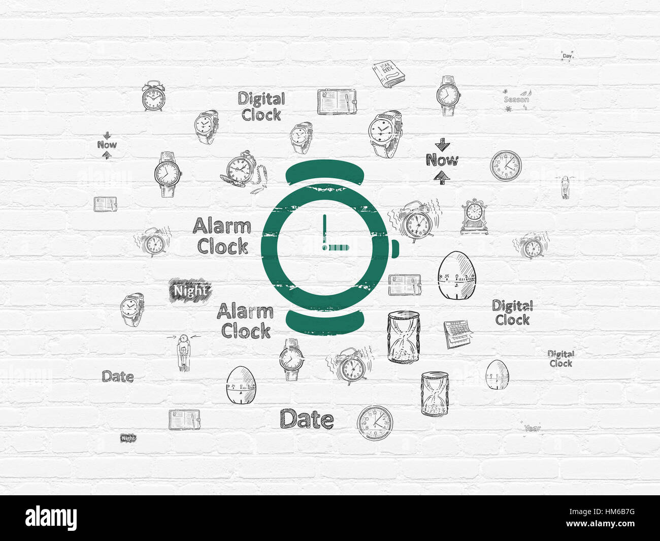 Time concept: Painted green Hand Watch icon on White Brick wall ...