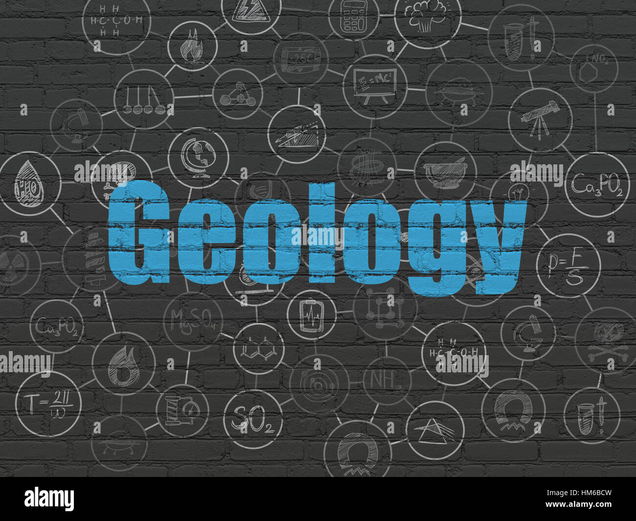 Science concept: Painted blue text Geology on Black Brick wall ...