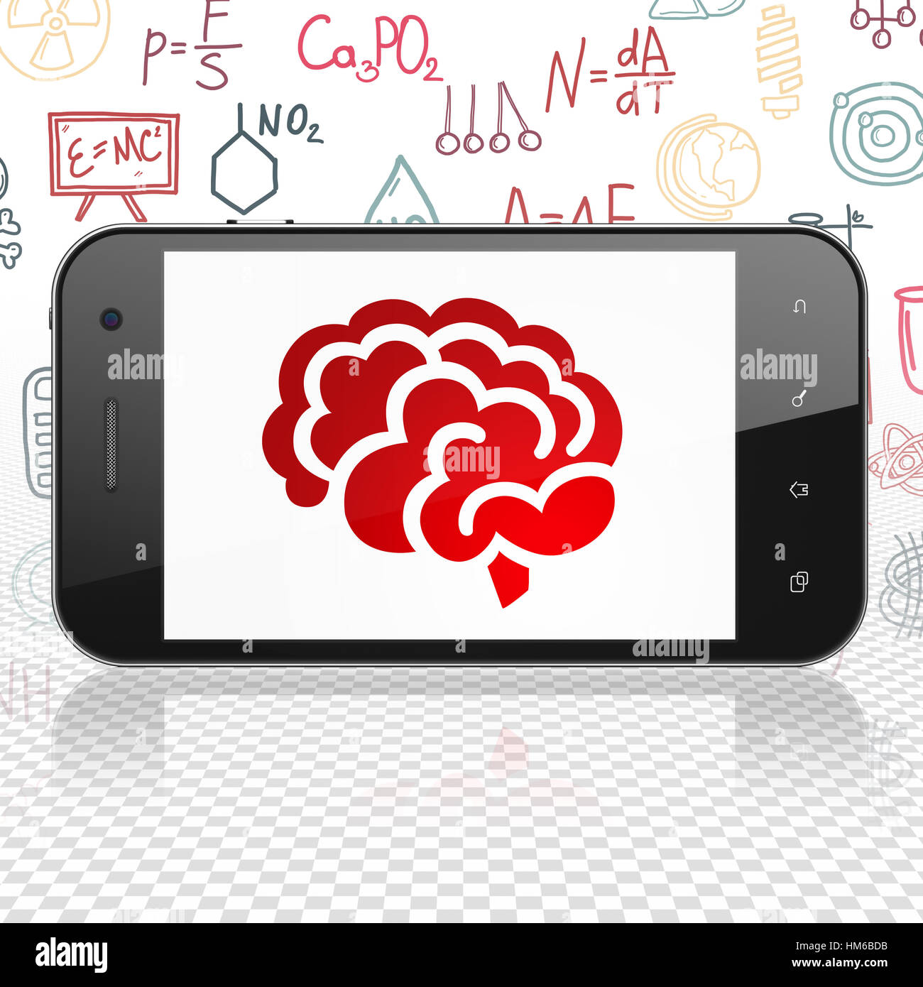 Science concept: Smartphone with red Brain icon on display, Hand Drawn ...
