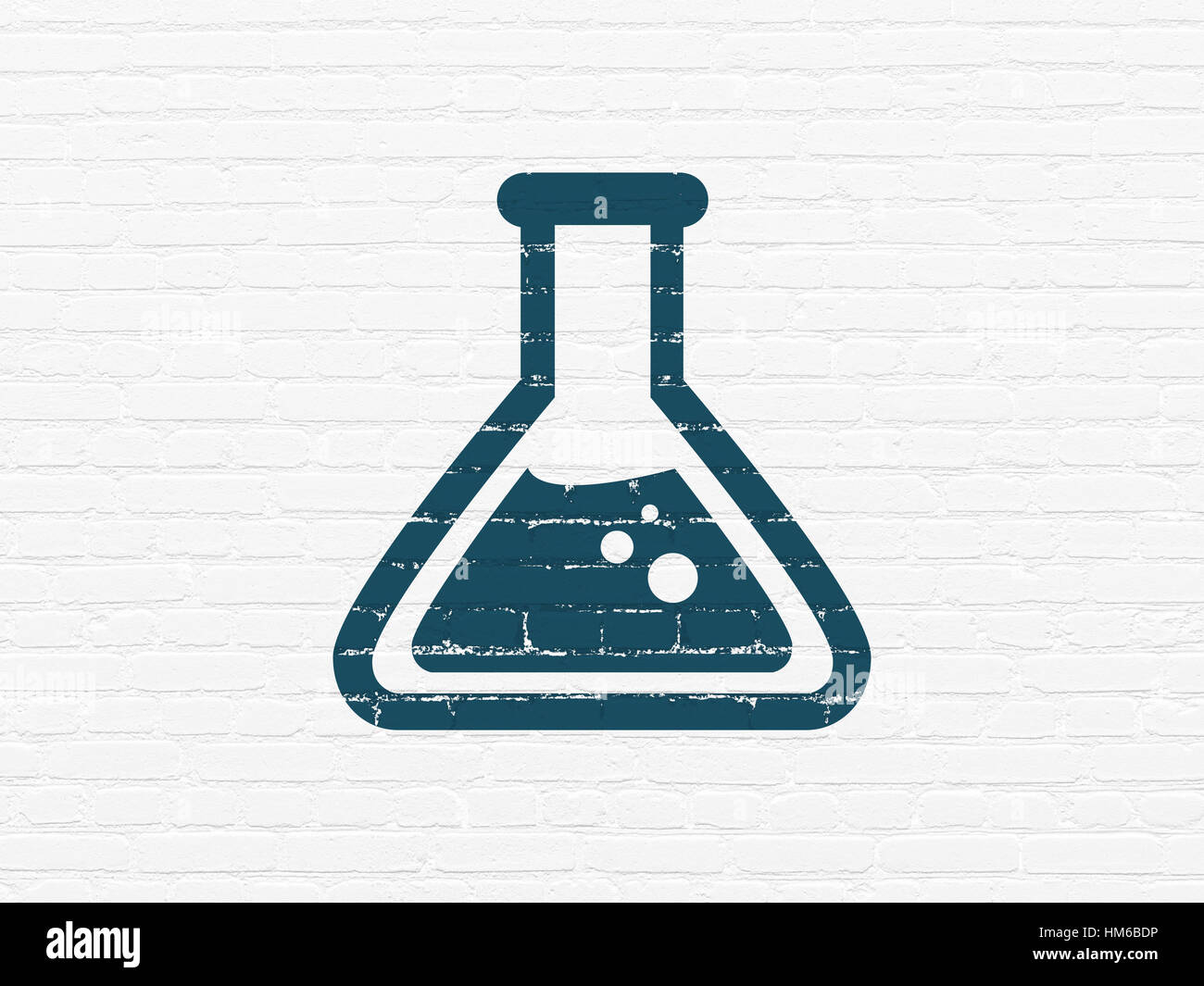 Science concept: Painted blue Flask icon on White Brick wall background ...