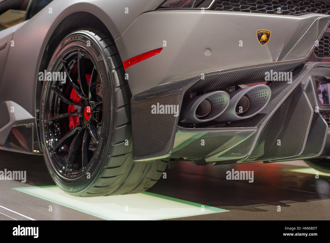 Close up of a Lamborghini dual exhaust system at SEMA Stock Photo - Alamy