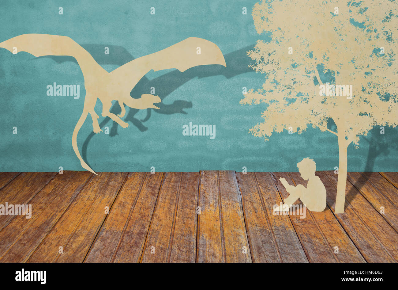 Paper cut of children read a book under tree and dragon Stock Photo - Alamy