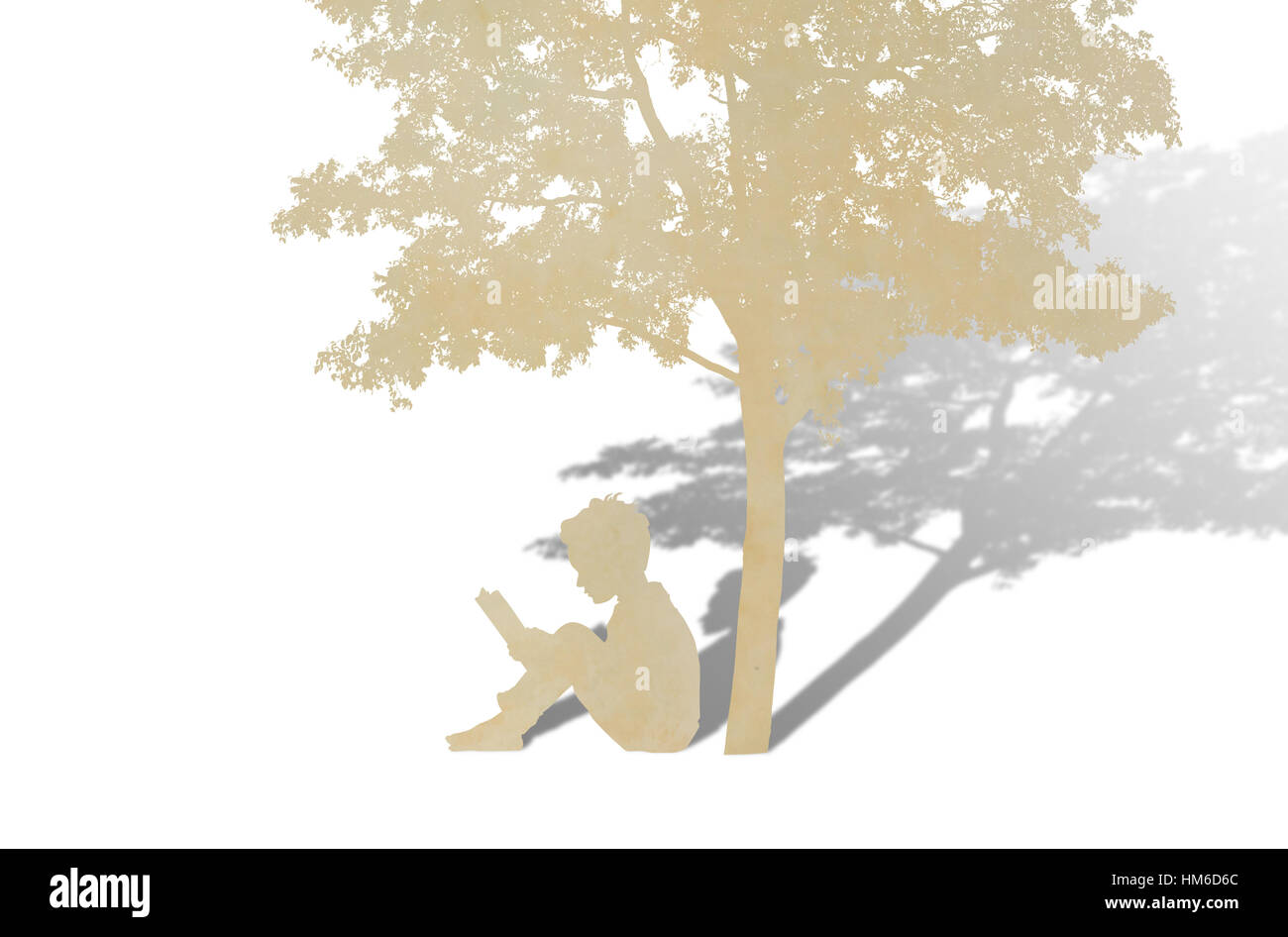 Paper cut of children read a book under tree against white background ...