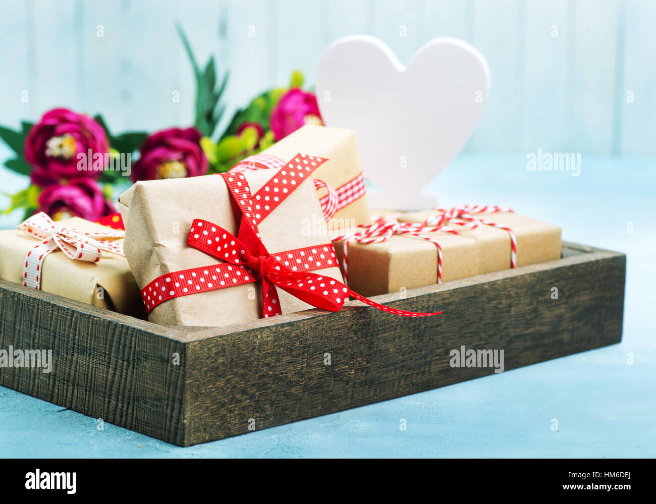 boxes for present on a table, holiday background Stock Photo - Alamy