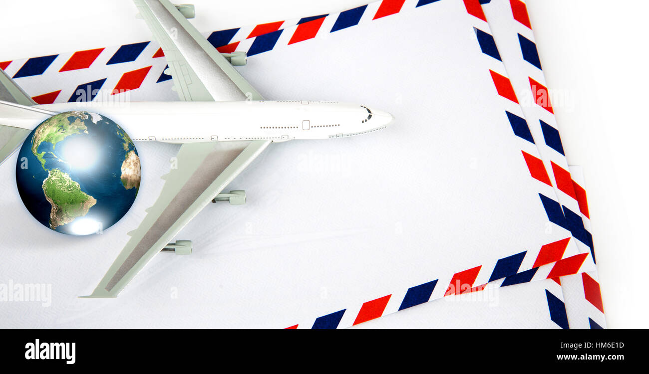 Airmail envelope with model airplane and earth (Elements of this image ...
