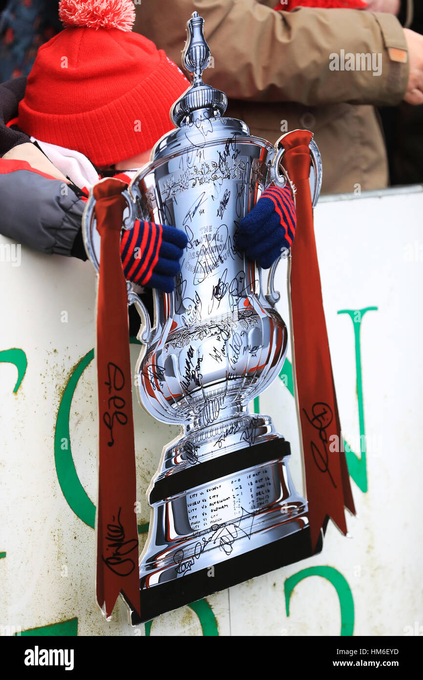 A Lincoln City fan holds a cardboard trophy in the stands Stock Photo ...