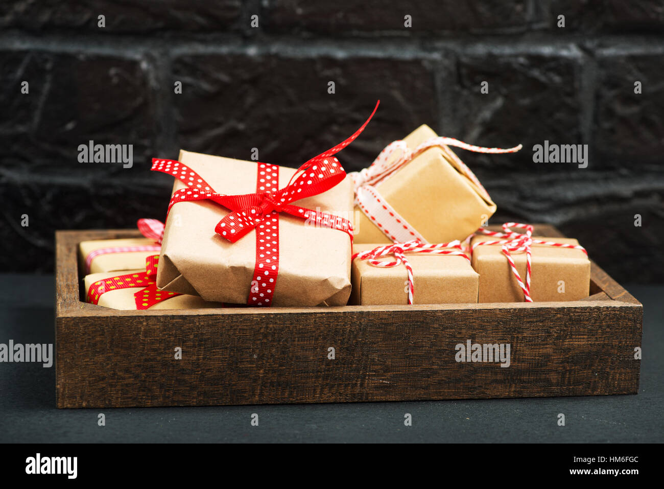 boxes for present on the wooden table Stock Photo - Alamy