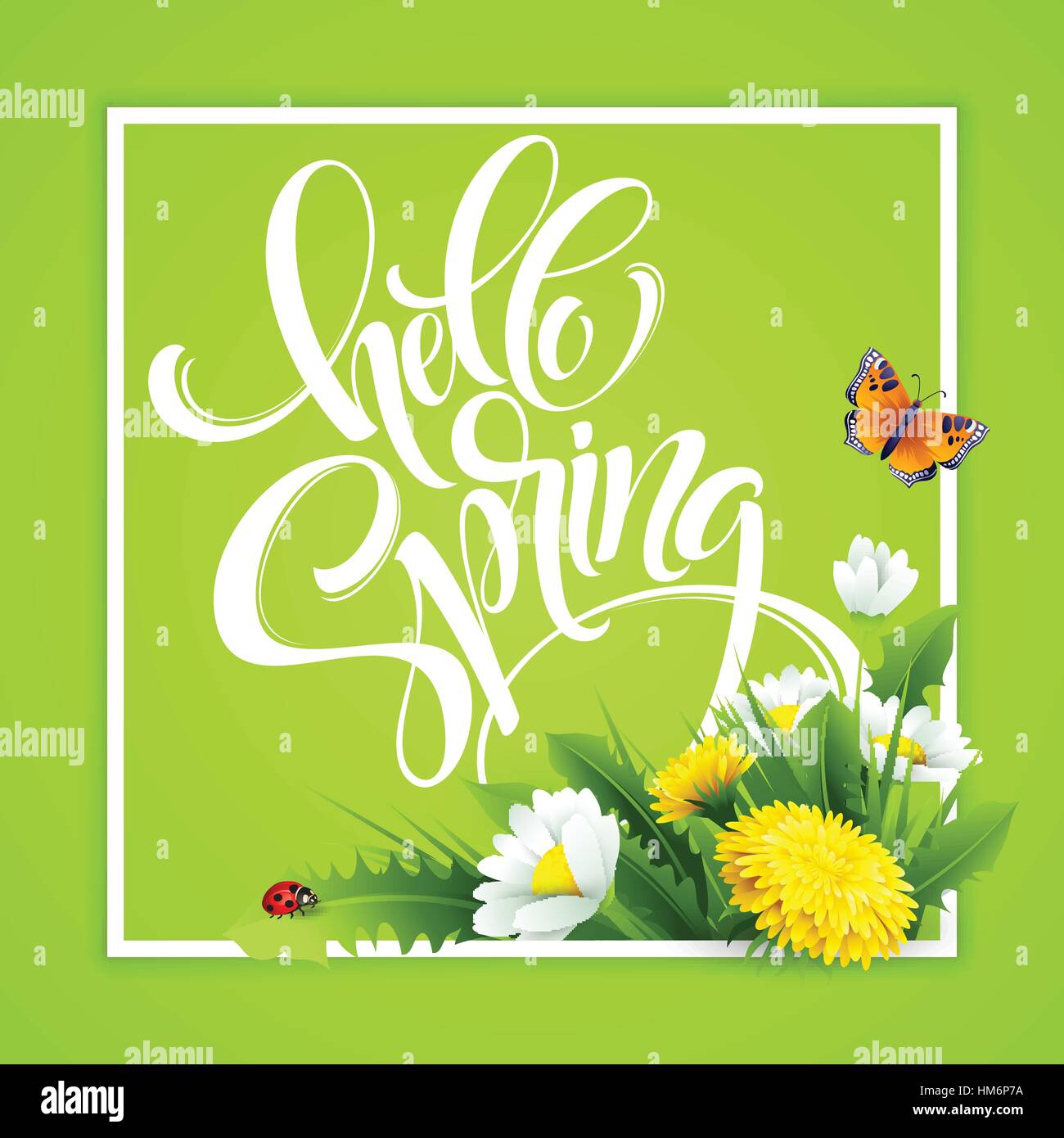 Inscription Hello Spring Hand Lettering on background with flowers ...