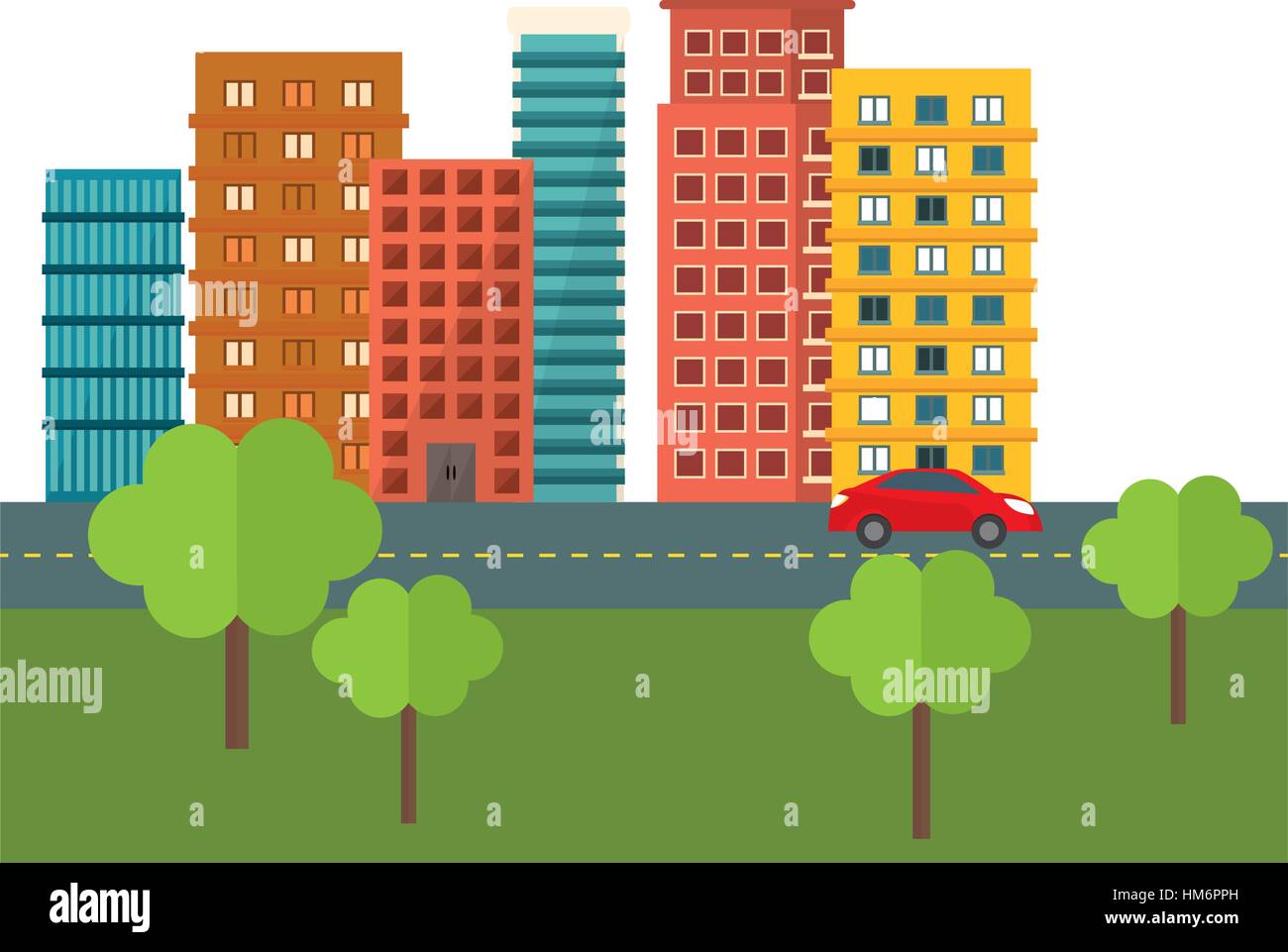 city scene and buildings with trees line sticker, vector illustration ...