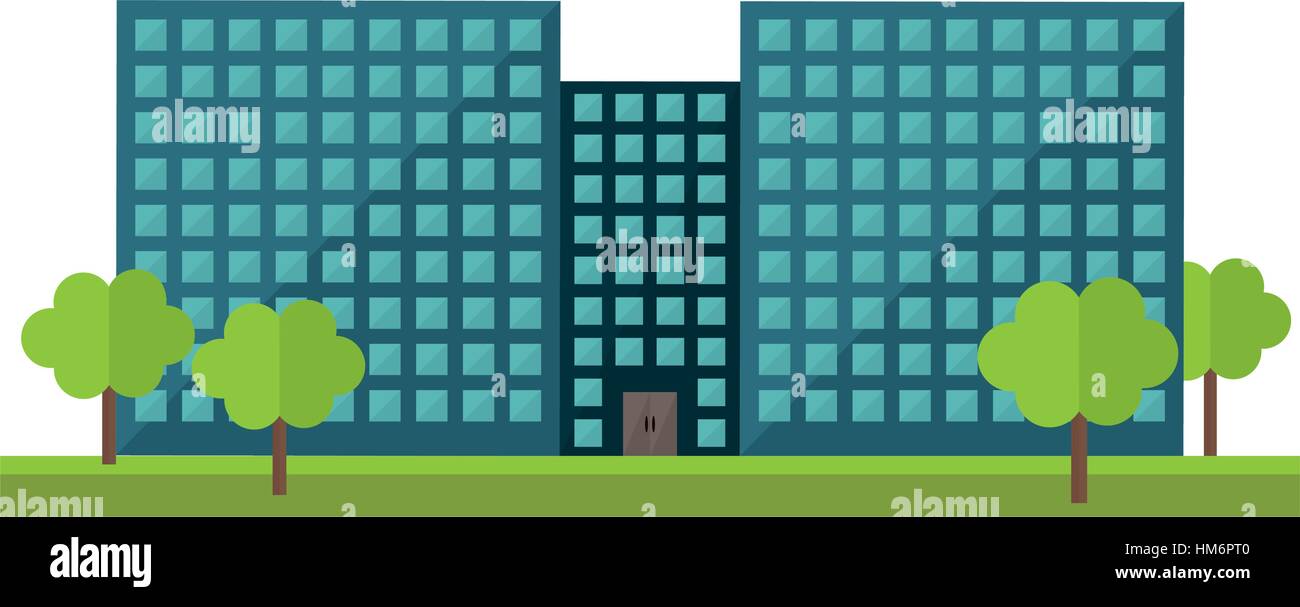 Blue city office building with trees image, vector illustration Stock ...