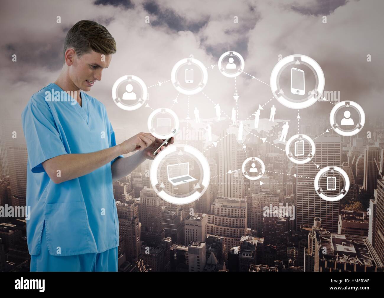 Smiling doctor using mobile phone with application icon Stock Photo - Alamy