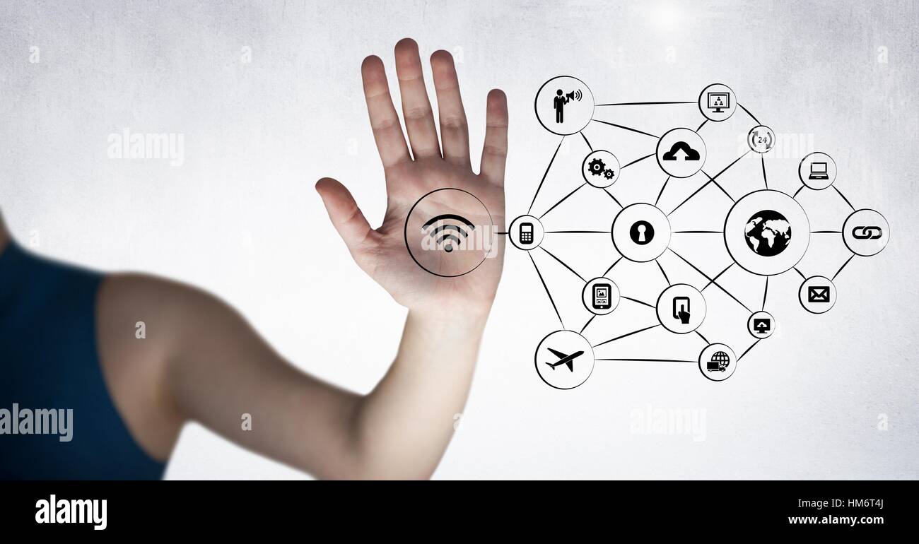 Woman touching digitally generated application icons Stock Photo - Alamy
