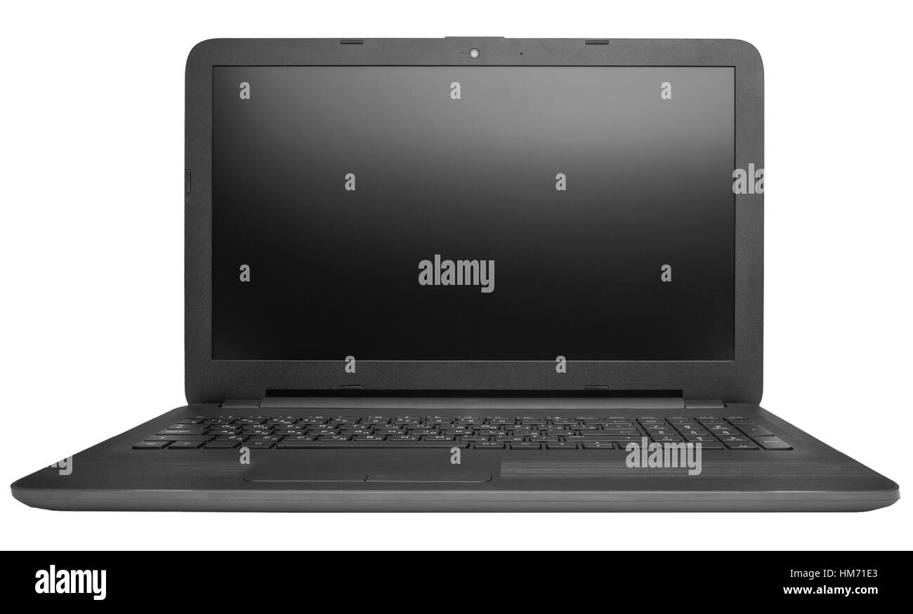 Opened black laptop with blank screen isolated on white background ...