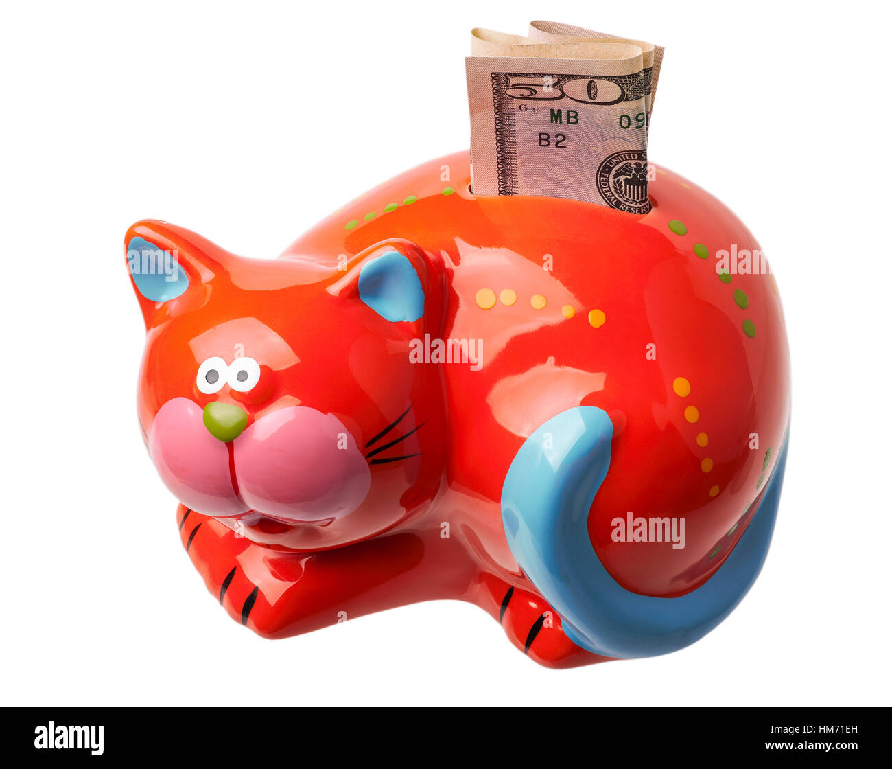 Red money box in the form of a cat placed on the white background ...