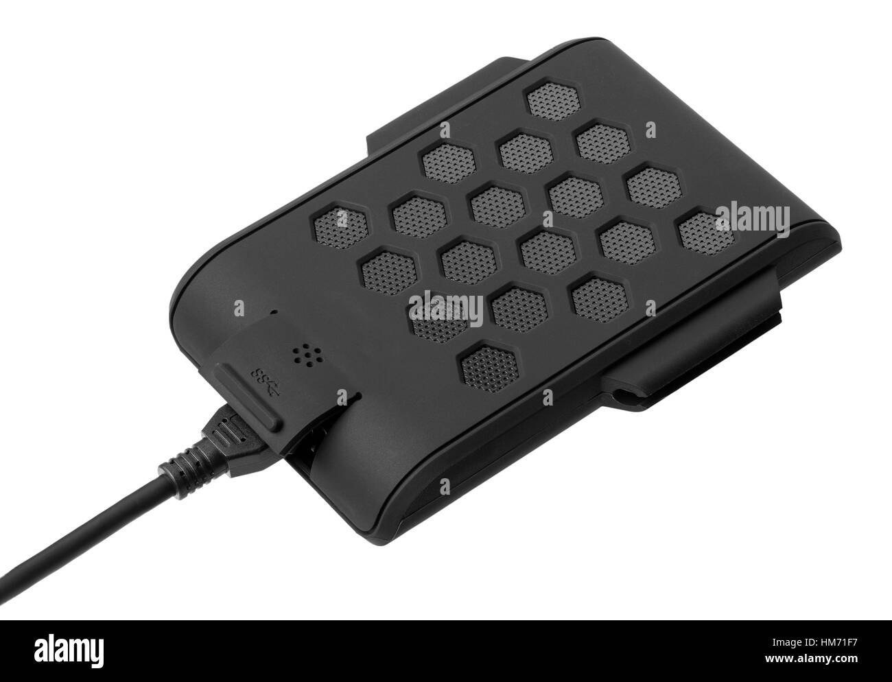 External hard drive of black color with a cable on a white background ...