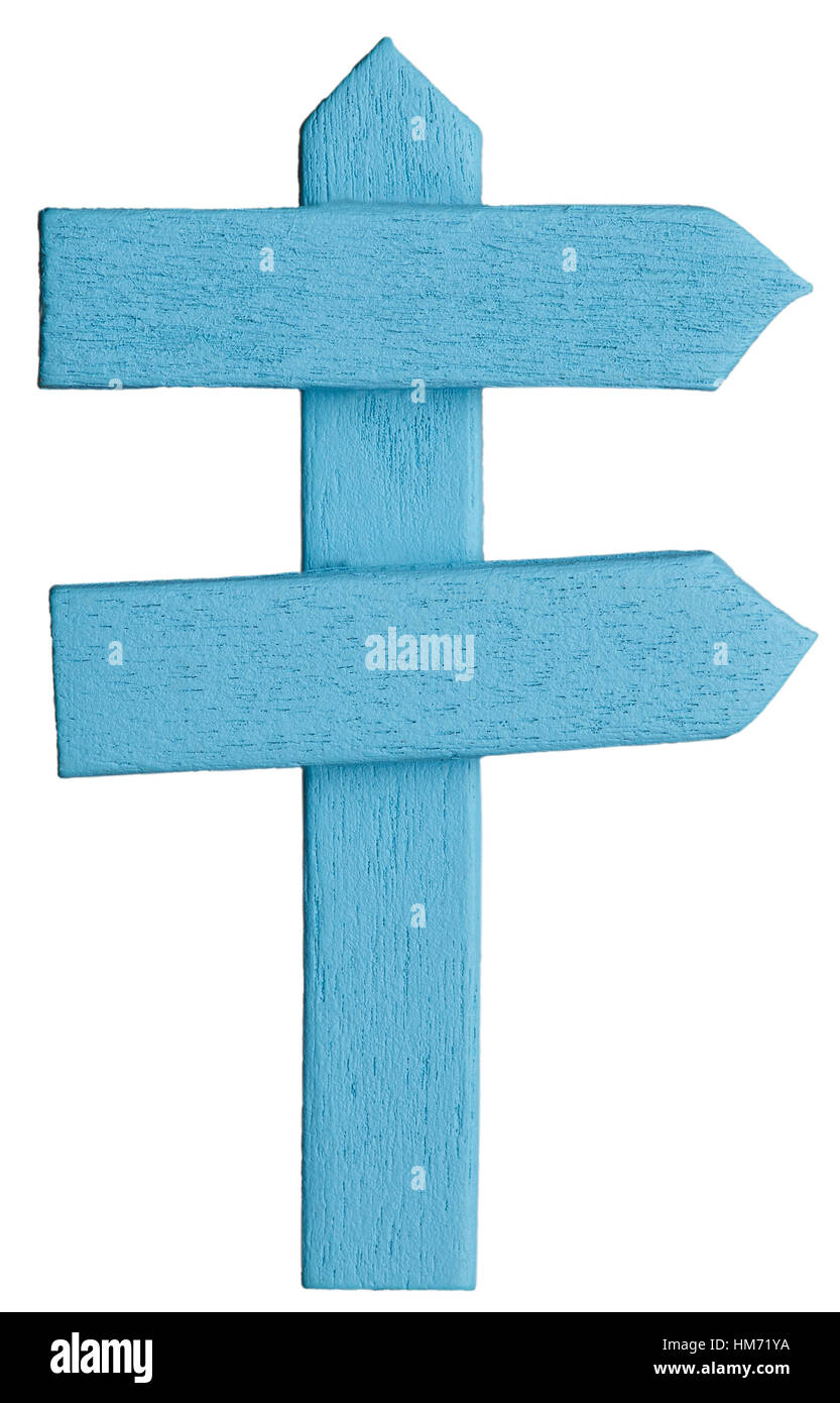 The road sign of blue color with two directions is isolated on a white ...