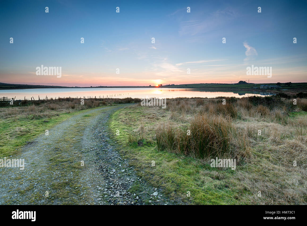 A moorland track leading to Dozmary Pool on Bodmin Moor in Cornwall ...