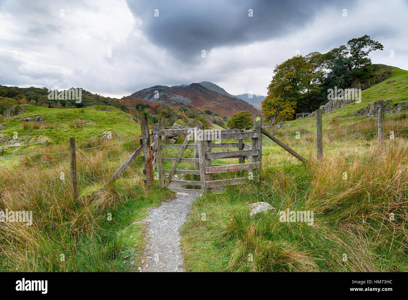 A grey overcast day on a footpath at Little Langdale in the Lake ...