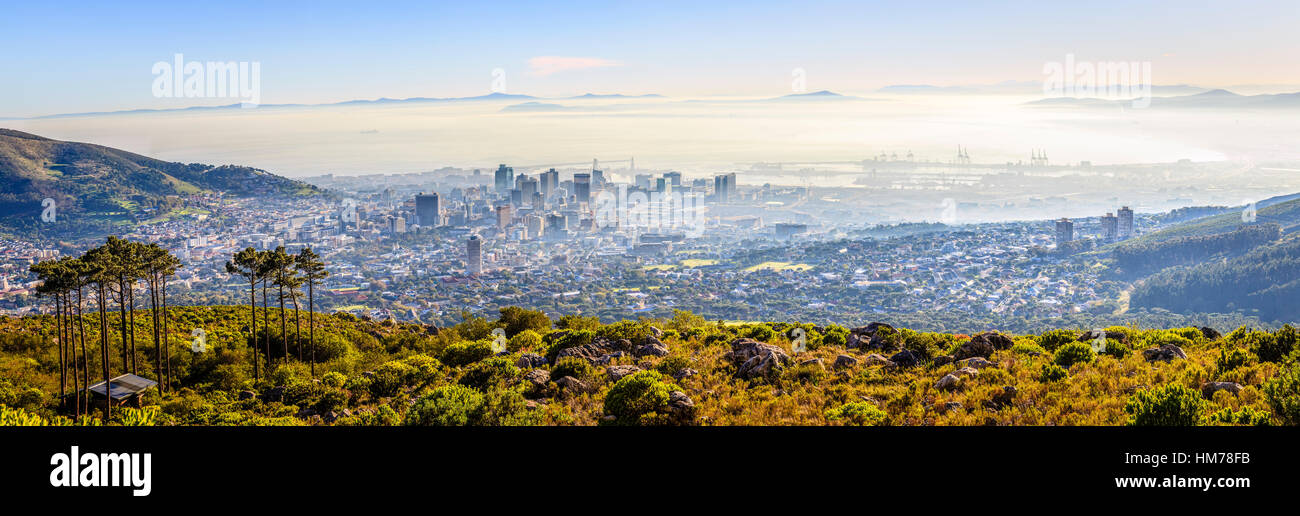 Panoramic aerial view of downtown Cape Town in morning fog Stock Photo ...