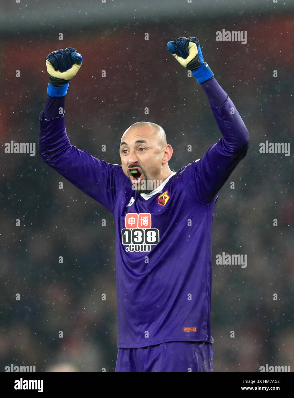 Watford goalkeeper Heurelho Gomes celebrates after the final whistle of ...