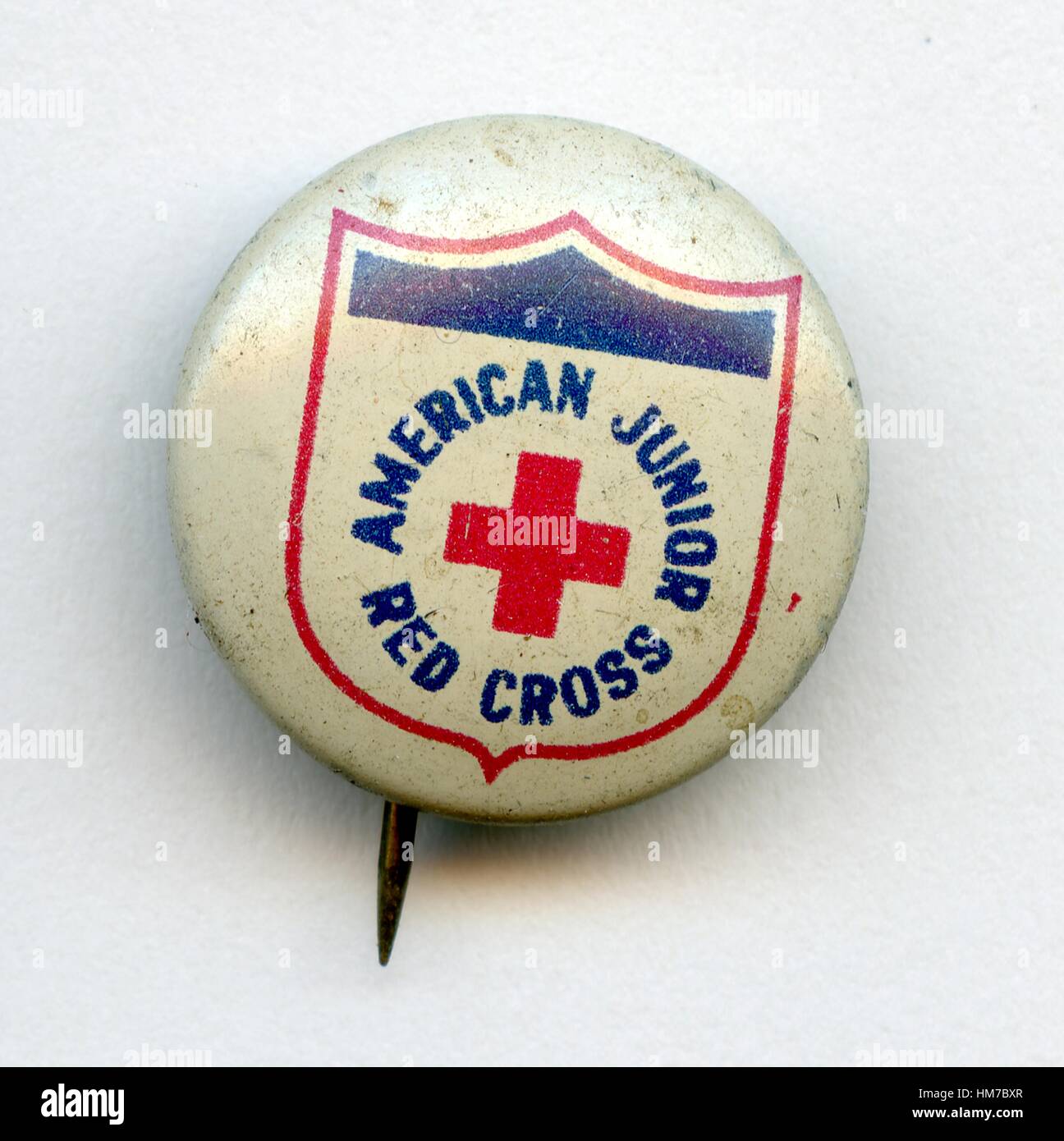 Pinback button with red, white and blue coloring and lettering reading ...