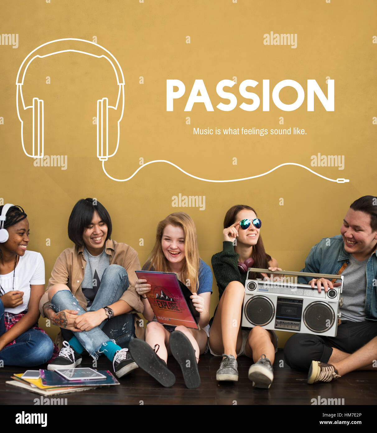 Listening to music headphones graphic Stock Photo - Alamy